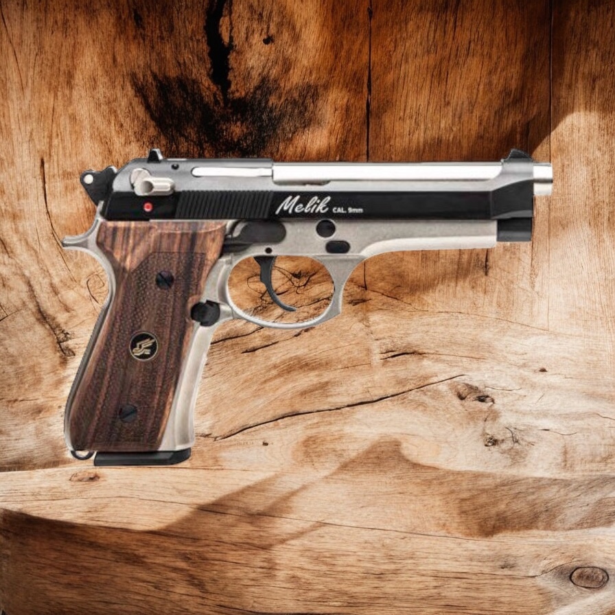 PISTOLA MELIK 9MM CROMADA CARRO NEGRO GRIP MADERA 112/01 – Armsa Guatemala